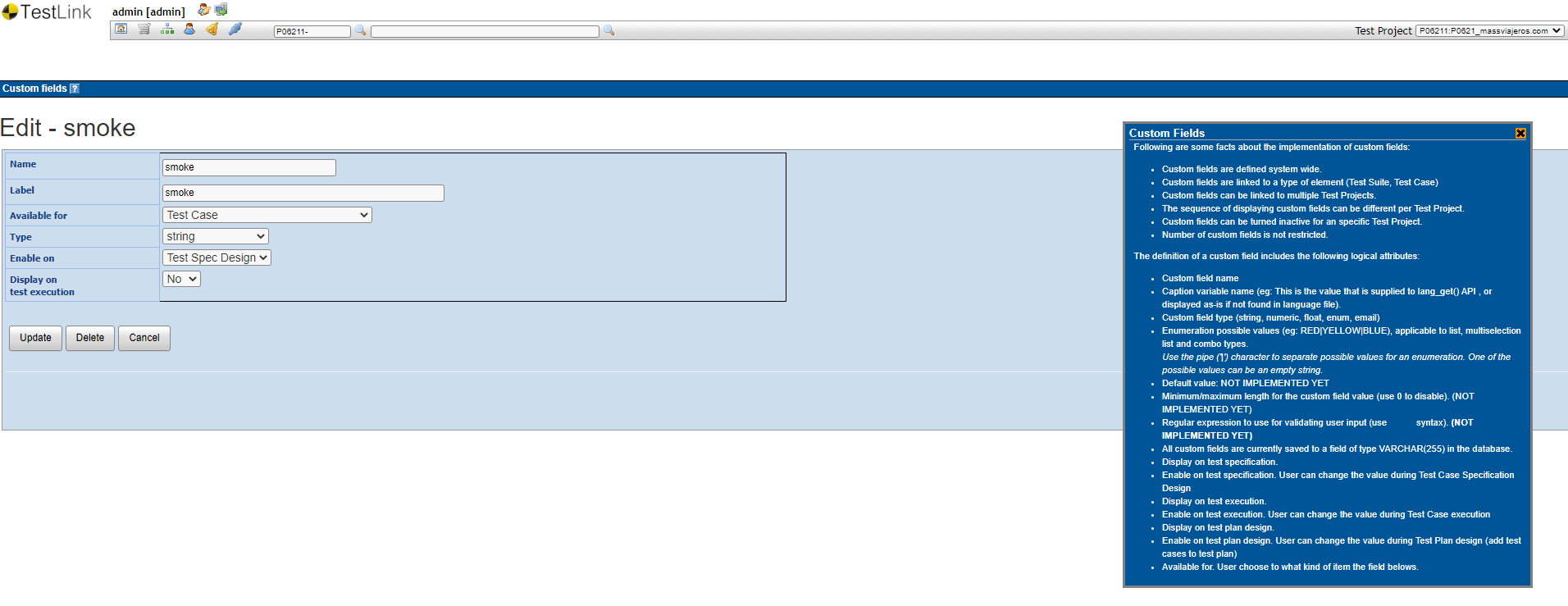 Explorando Testlink Opción Define Custom Fields Testingbaires